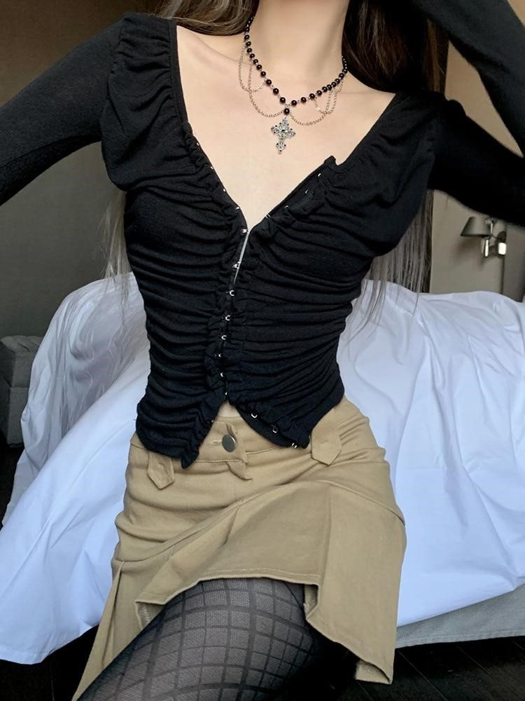 Rapcopter Y2k Folds Pin Up Crop Top Sleeve Full Sleeve Solid V Deck